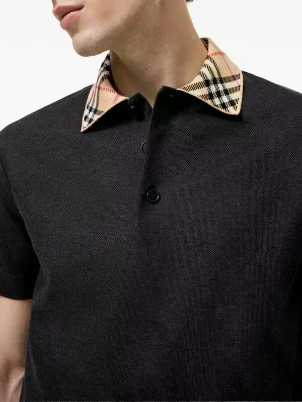 Burberry Check Collar Cotton Polo Shirt - Black
