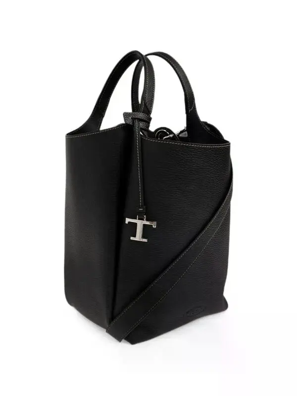 TOD'S Grained Leather Bucket Bag With Logo Plaque - Black