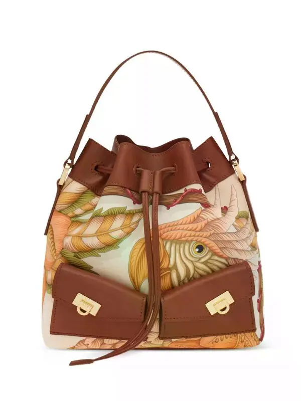 FERRAGAMO Printed Twill Multipocket Bucket Bag - Orange
