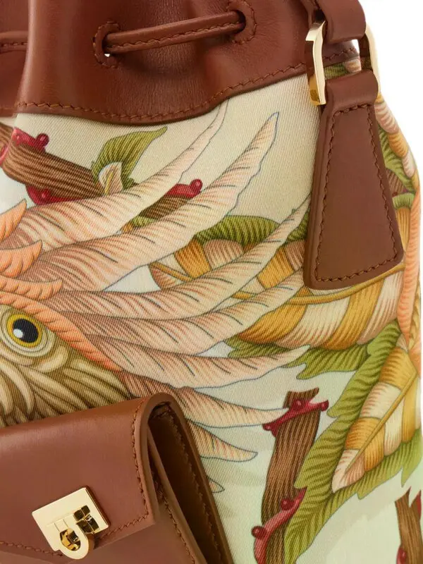 FERRAGAMO Printed Twill Multipocket Bucket Bag - Orange