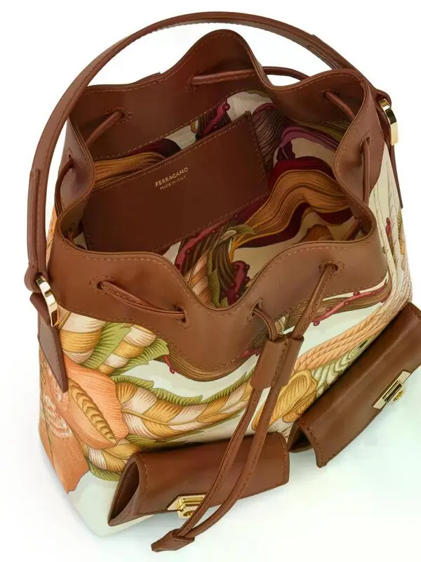FERRAGAMO Printed Twill Multipocket Bucket Bag - Orange