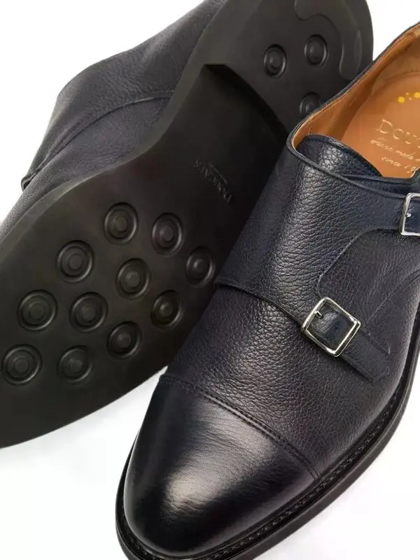 DOUCAL'S Black Pebbled Leather Double Monk Strap Loafers - Blue