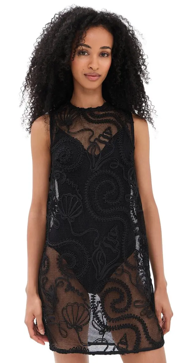 GANNI Embroidered Net Boxy Mini Dress - Black