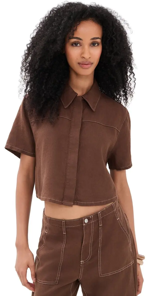 LE JEAN Linen Short Sleeve Swing Shirt - Cocoa