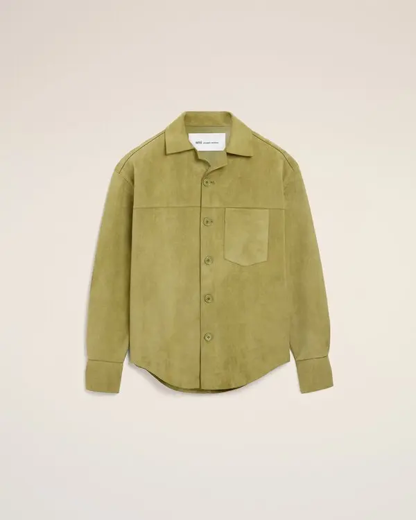 AMI Paris Goat Suede Leather Buttoned Overshirt - Matcha