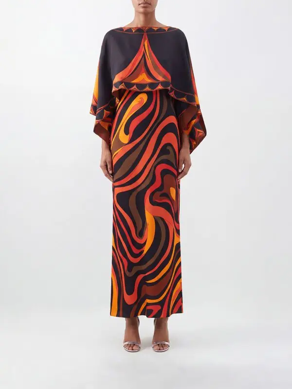 Emilio Pucci Printed Silk Cape Dress - Orange