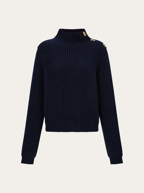 FERRAGAMO Knitted Sweater With Gancini Button Detail - Blue