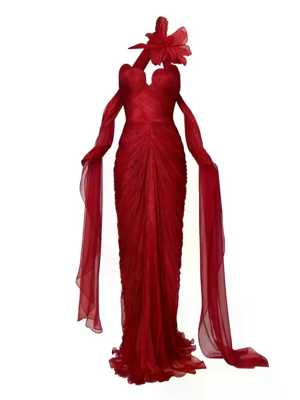 IRIS SERBAN Ruched Floral Appliqué Maxi Gown