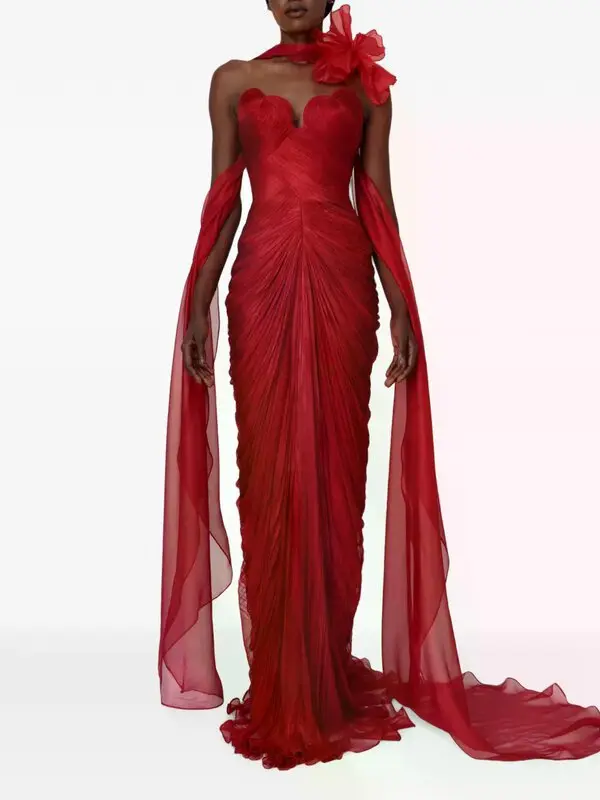 IRIS SERBAN Ruched Floral Appliqué Maxi Gown