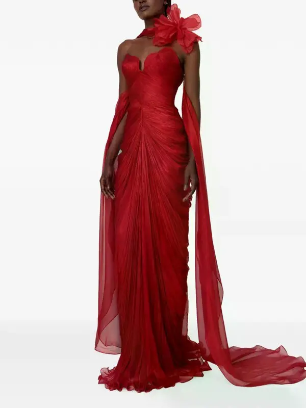 IRIS SERBAN Ruched Floral Appliqué Maxi Gown