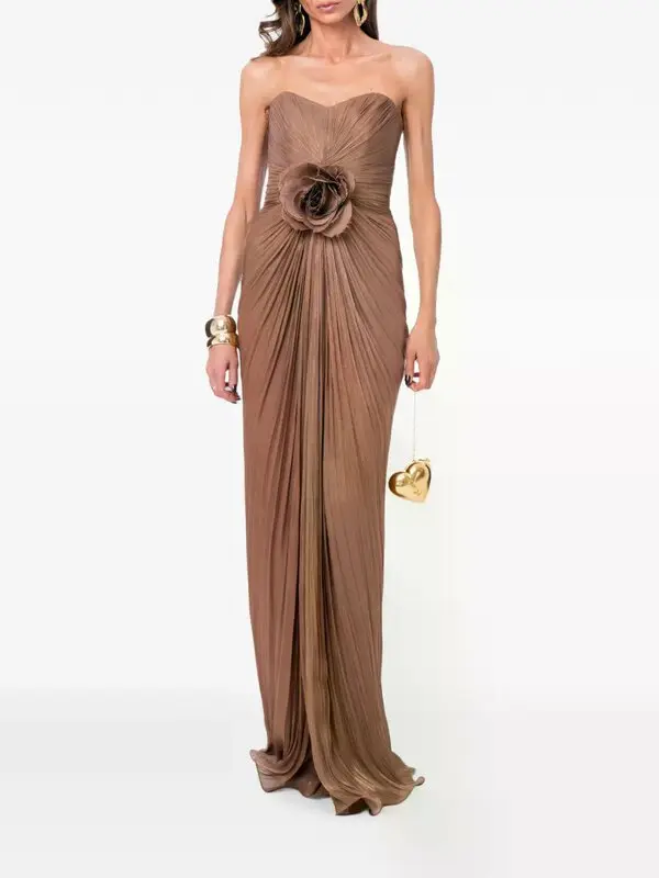 ANA RADU Floral-detail Strapless Maxi Dress - Brown