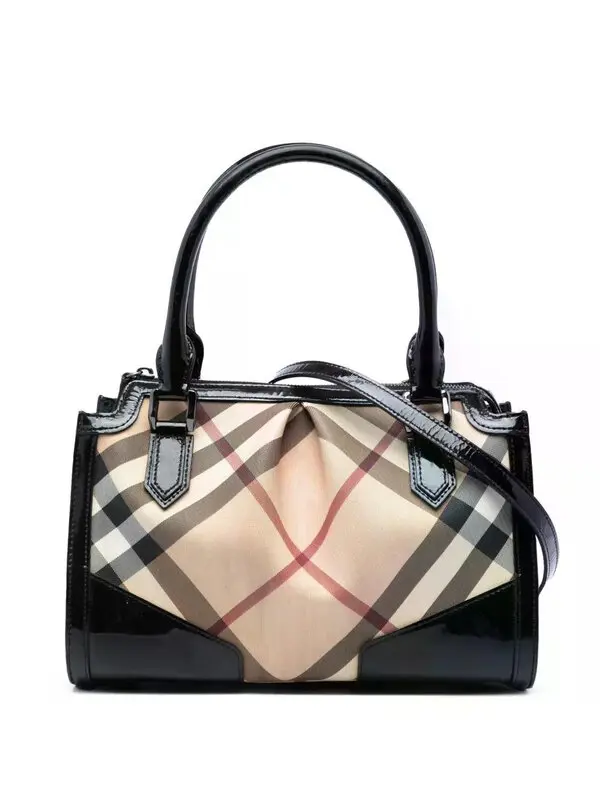 Burberry 2000-2017 Patent Trimmed Supernova Check Coated Canvas Madison Satchel - Black