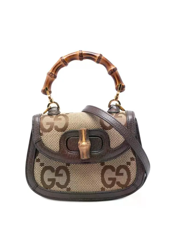 Gucci 2016-2026 Mini Jumbo Gg Canvas 1947 Bamboo Top Handle Bag Satchel - Neutrals