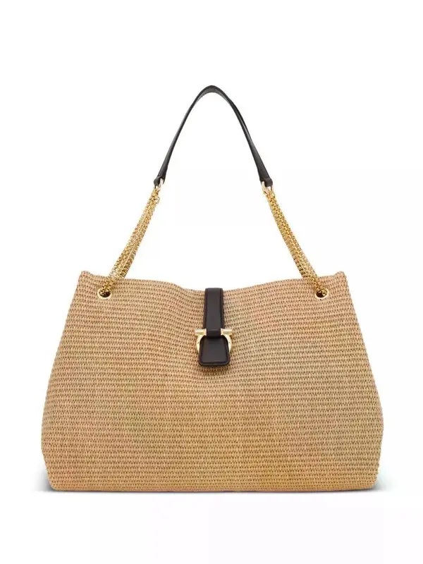 FERRAGAMO Mia Raffia Tote Bag With Gancini Buckle