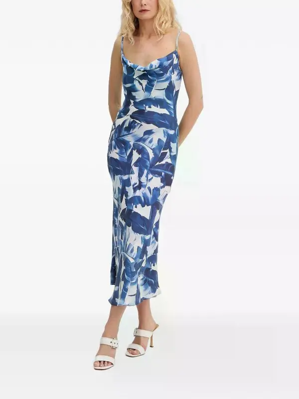 Guess Leaf-print Cowl-neck Midi Dress - Blue