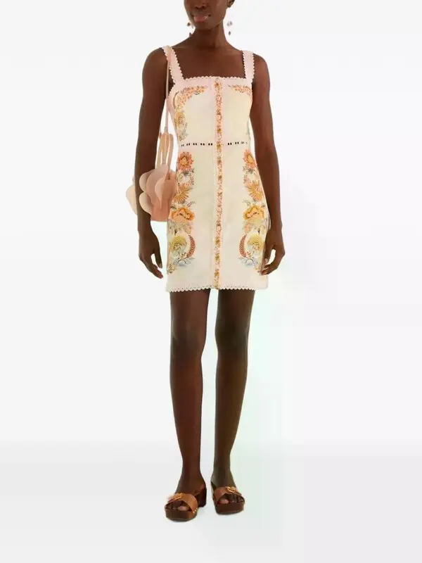 Farm Rio Mini Ligia Floral-print Crochet-trim Dress - Neutrals