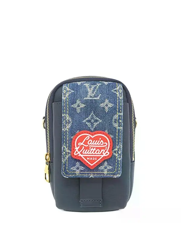 LOUIS VUITTON 2021-2026 Nigo Monogram Denim And Taurillon Double Phone Pouch Crossbody Bag - Blue