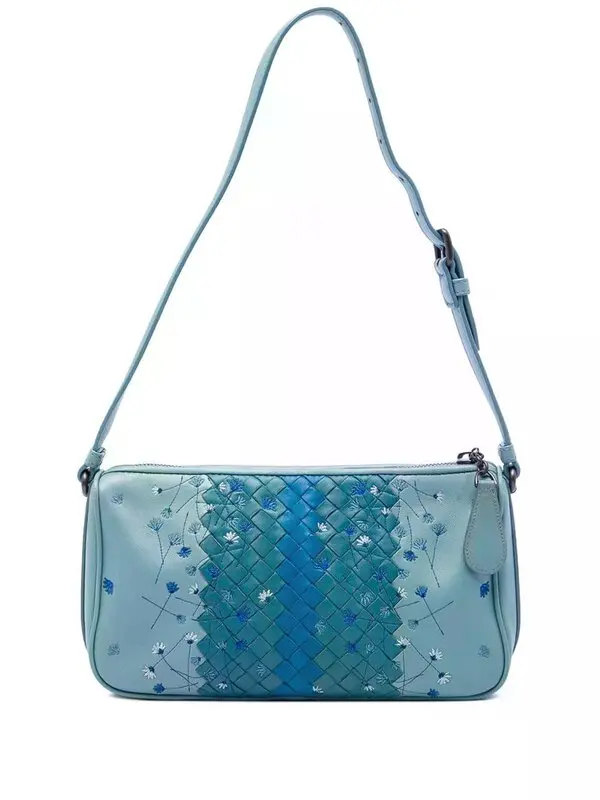 Bottega Veneta 2012-2026 Tricolor Intrecciato Trimmed Leather Floral Embroidered Shoulder Bag - Blue