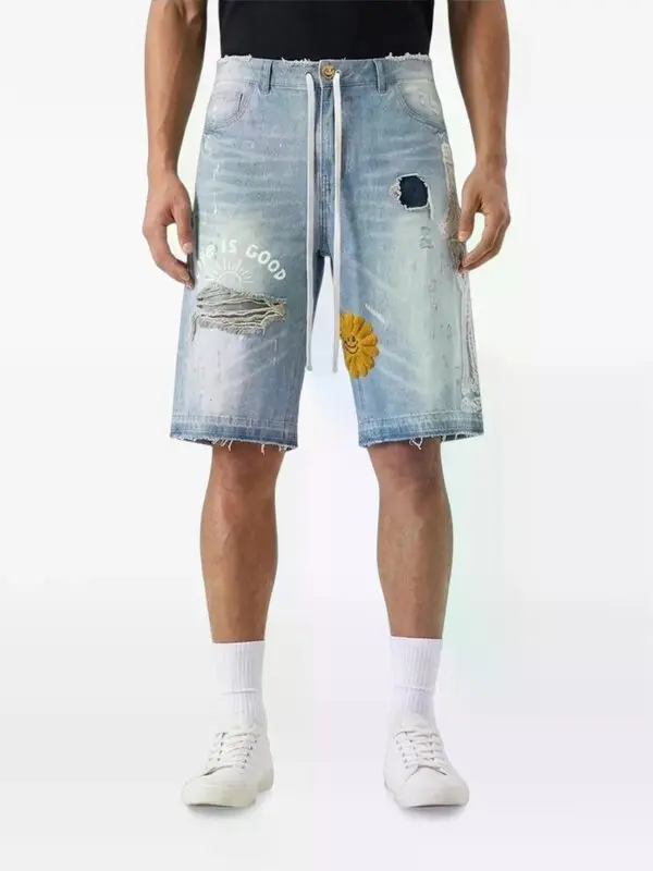 ALL HUMAN Distressed Embroidered Denim Shorts