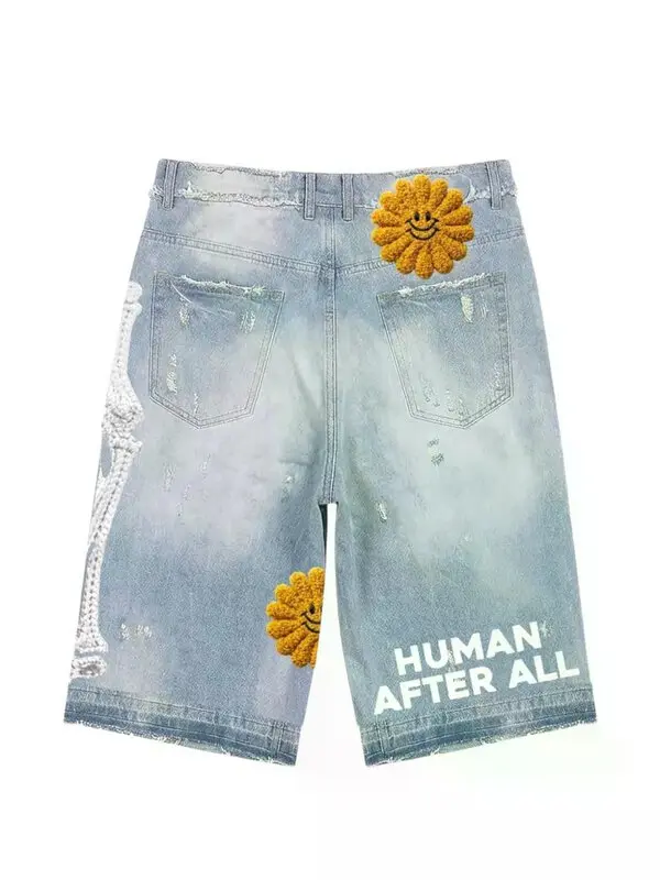 ALL HUMAN Distressed Embroidered Denim Shorts