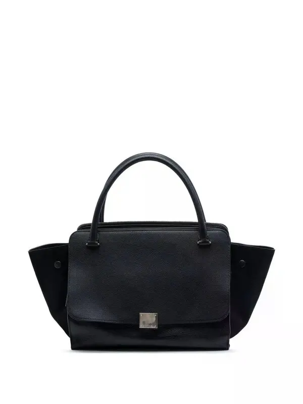 Celine 2018 Medium Drummed Calfskin And Suede Trapeze Double Zip Satchel - Black