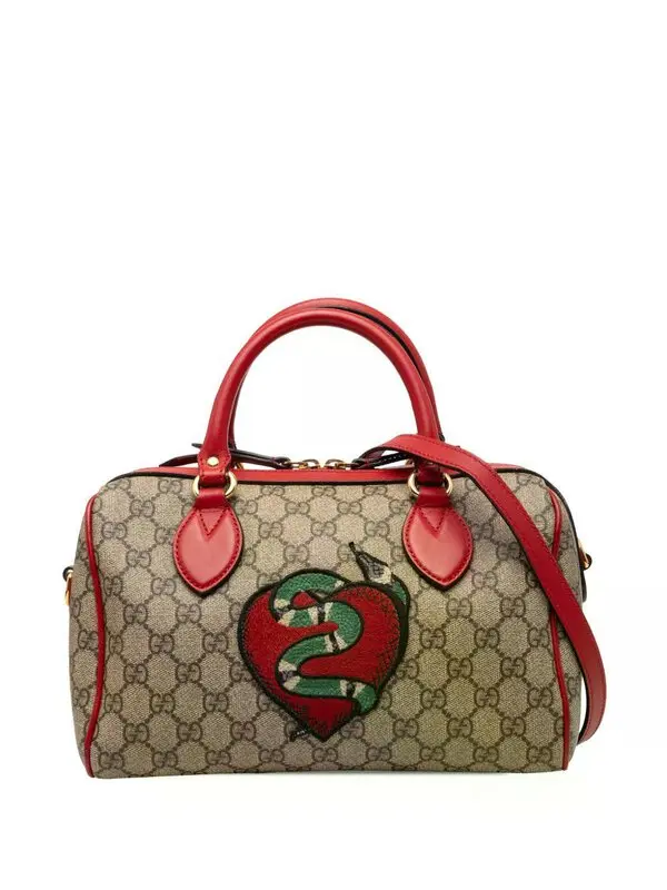 Gucci 2000-2015 Limited Edition Small Gg Supreme Kingsnake Heart Embroidered Satchel - Red