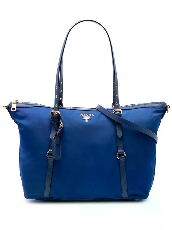 Prada 2007-2026 Saffiano Trimmed Tessuto Zip Top Convertible Tote Satchel - Blue