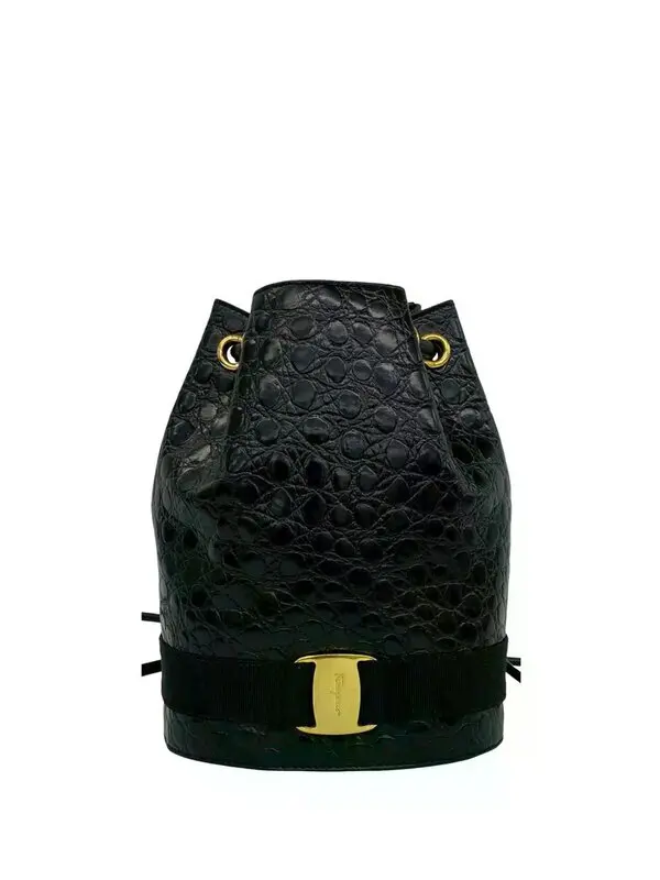 FERRAGAMO 1990-2000 Embossed Leather Vara Drawstring Backpack - Black