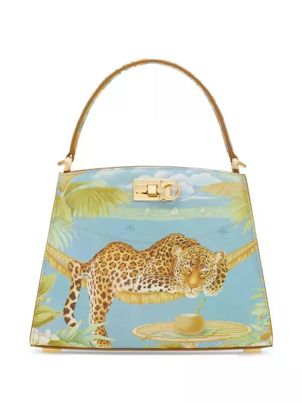 FERRAGAMO Leopard Print Gancini Flip-lock Shoulder Bag - Green