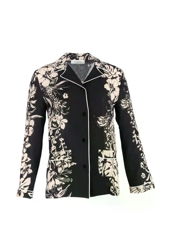 Valentino Garavani Floral-print Cuban-collar Shirt - Black