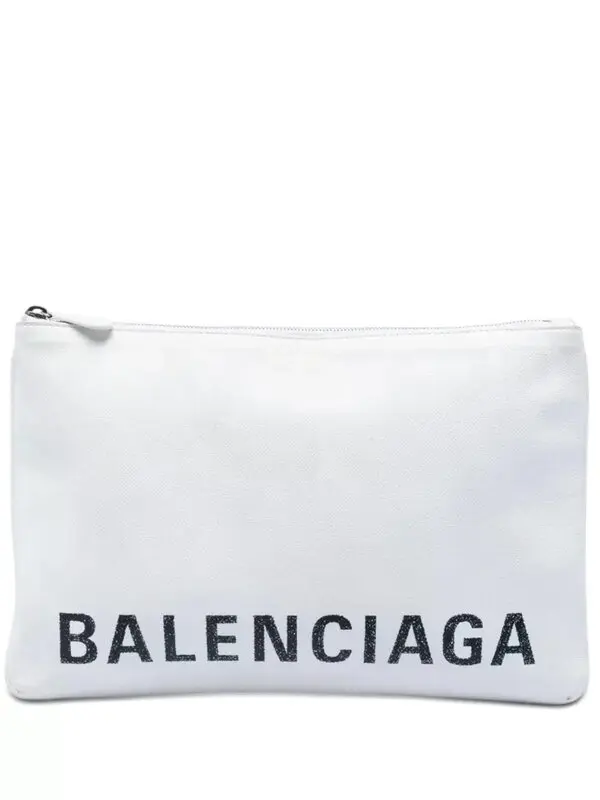Balenciaga 2019 Leather Ville Logo Zip Pouch Clutch Bag - White