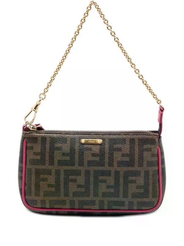 Fendi 2010-2026 Zucca Spalmati Chain Pochette Shoulder Bag - Brown