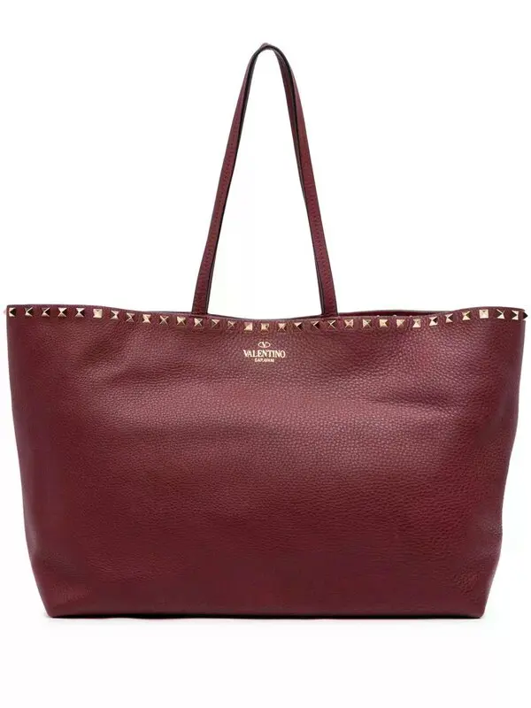 Valentino Garavani 2018-2026 Large Grained Calfskin Rockstud Shopper Tote Bag - Red