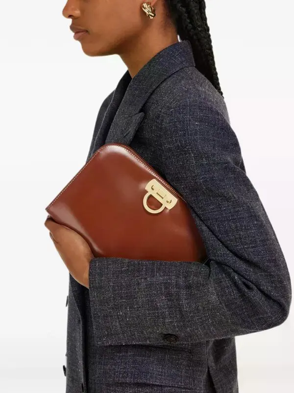 FERRAGAMO Diana Clutch In Calfskin With Gancio Clasp - Brown