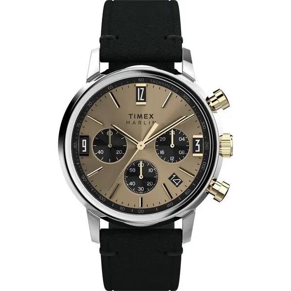 Timex® Marlin Chronograph Leather Strap Watch - Black