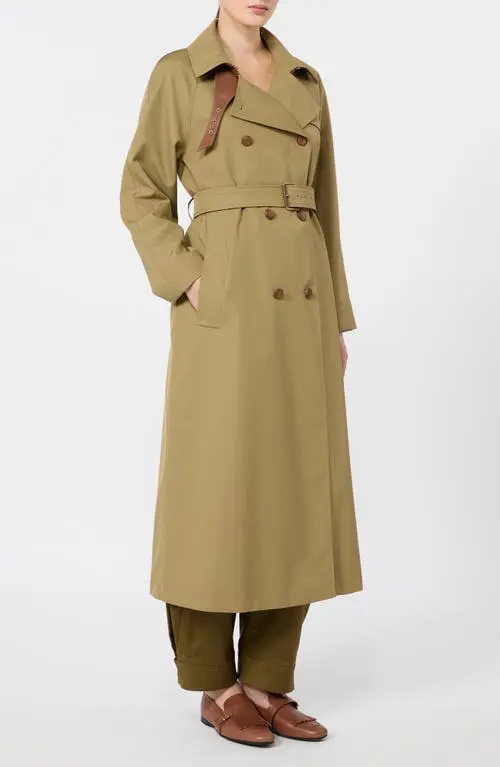 Max Mara Water Repellent Gabardine Trench Coat With Leather Trim - Kaki