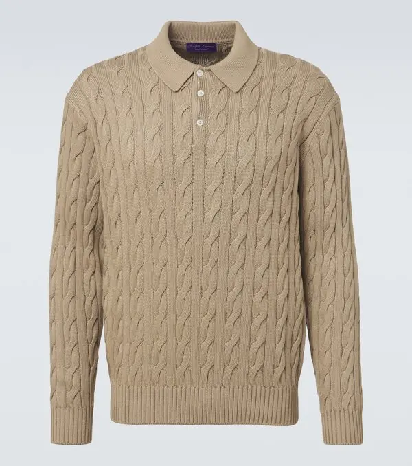 Ralph Lauren Purple Label Cable-knit Cotton And Silk Polo Sweater - Beige