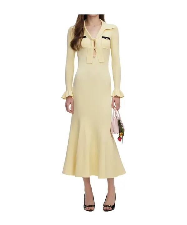 SELF-PORTRAIT Viscose Knit Tie Midi Dress - Yellow