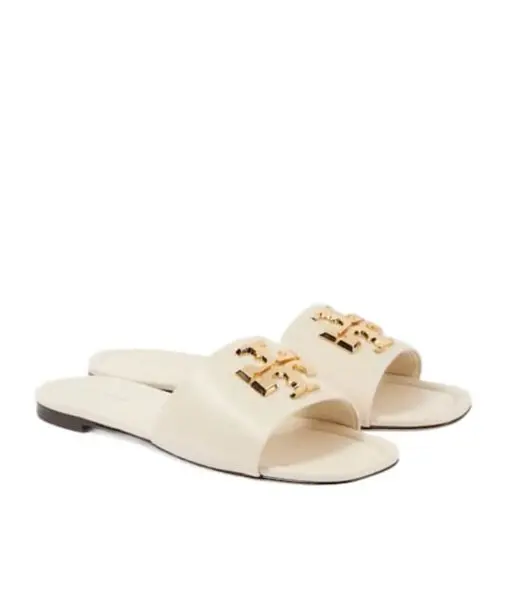 Tory Burch Eleanor T Monogram Leather Slides - Nude