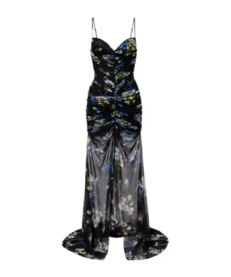 Blumarine Floral Ruched Sheer Gown - Black
