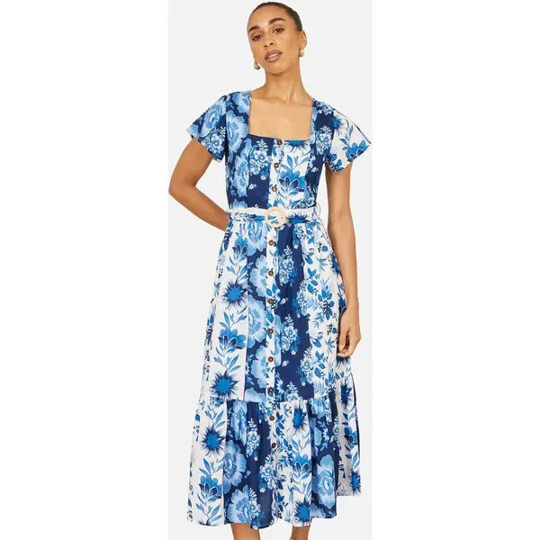 YUMI Floral Belted Midi Dress - Blue