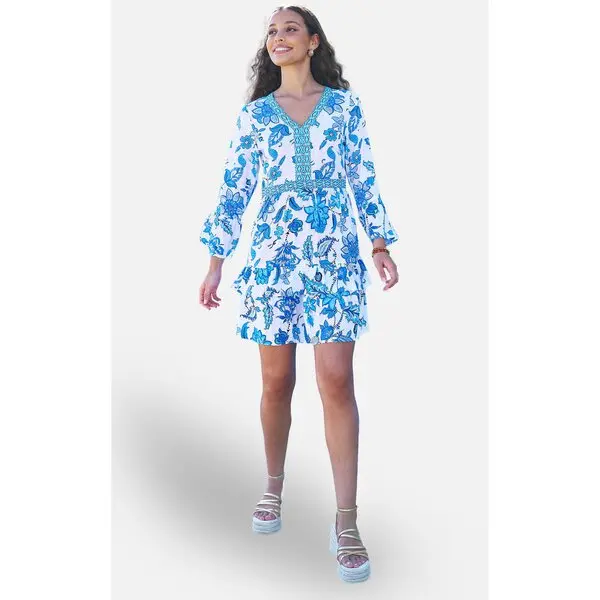 YUMI Floral Beach Tunic Dress - Blue