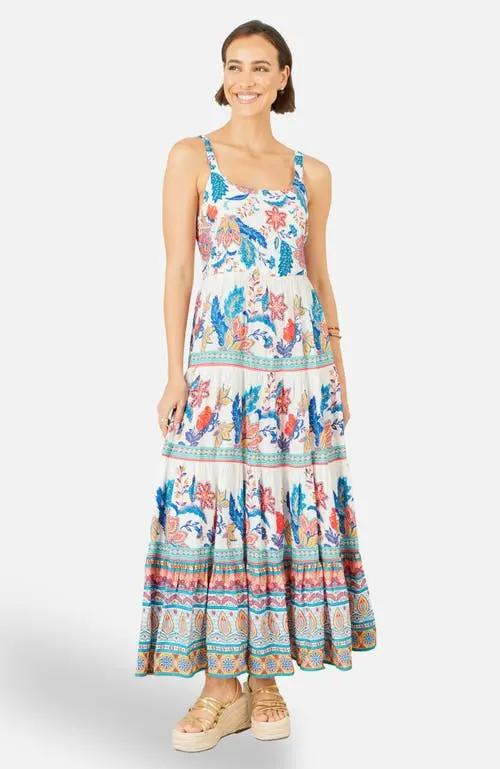 YUMI Floral Block Print Tiered Maxi Sun Dress - Blue