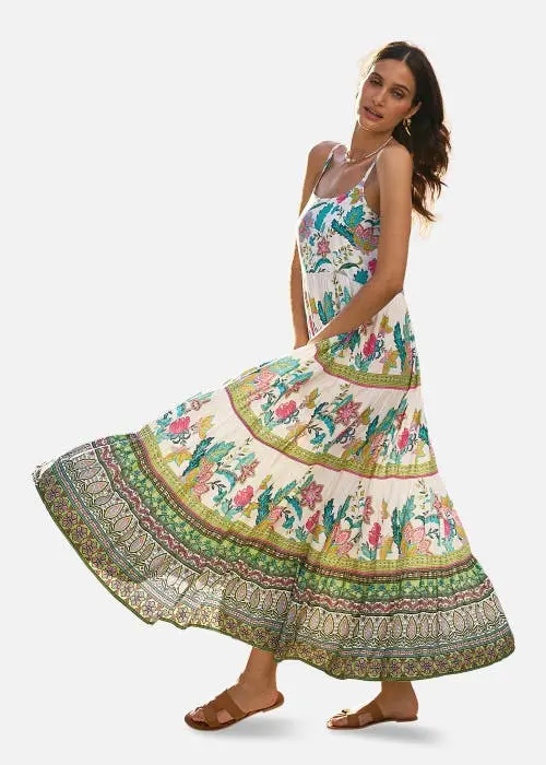 YUMI Floral Block Print Tiered Maxi Sun Dress - Ivory