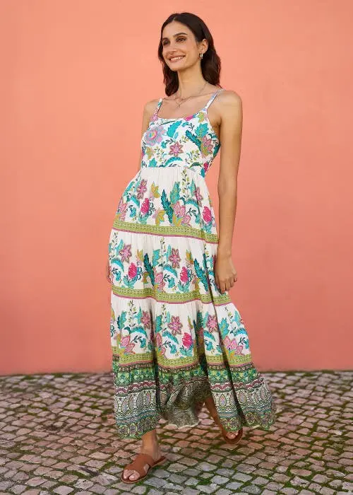 YUMI Floral Block Print Tiered Maxi Sun Dress - Ivory