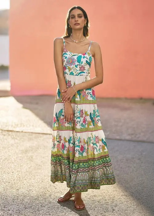 YUMI Floral Block Print Tiered Maxi Sun Dress - Ivory
