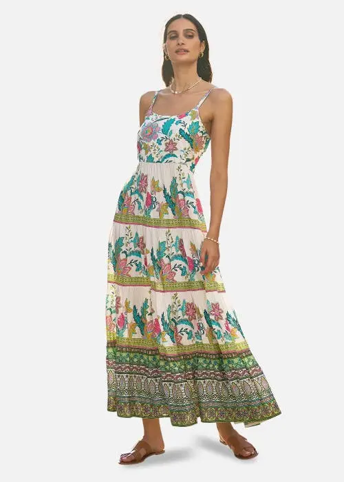 YUMI Floral Block Print Tiered Maxi Sun Dress - Ivory