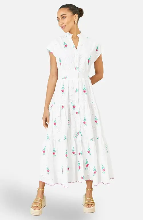 YUMI Broderie Anglaise Embroidered Midi Dress - White