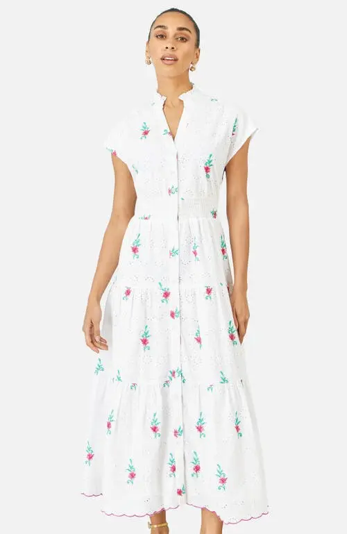 YUMI Broderie Anglaise Embroidered Midi Dress