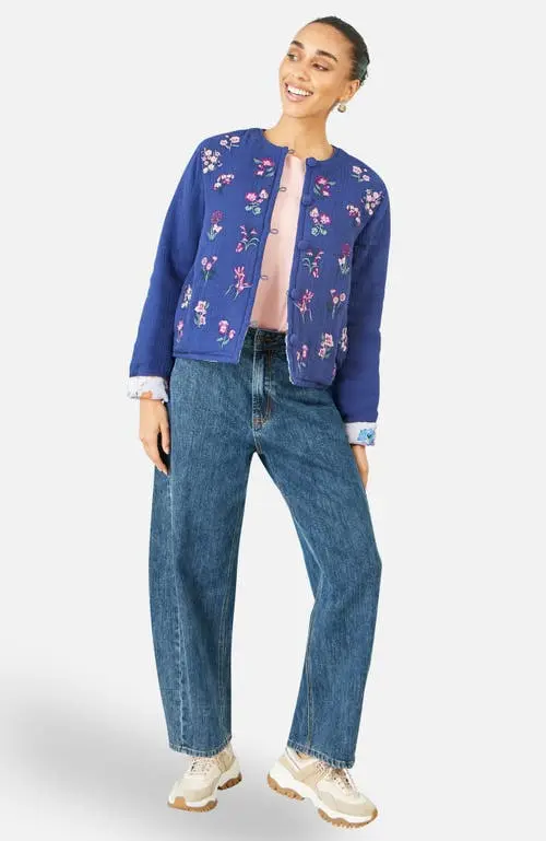 YUMI Floral Embroidery Cotton Jacket - Blue